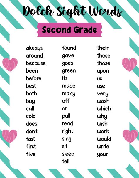 2nd Grade Dolch Sight Word List Printable Free Math Worksheet Printable
