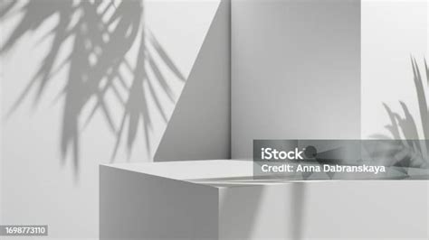 부드러운 빛과 야자수 잎 그림자가 있는 흰색 추상적인 기하학적 형태 디자인과 광고 및 생산 배치를 위한 빈 흰색 테이블 빈 빈 공간과 흰색 빈 벽 배경이 있는 미니멀리즘