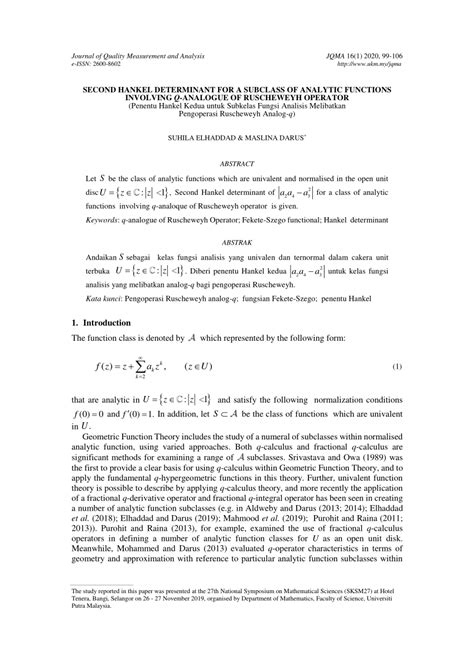 PDF SECOND HANKEL DETERMINANT FOR A SUBCLASS OF ANALYTIC FUNCTIONS INVOLVING Q ANALOGUE OF