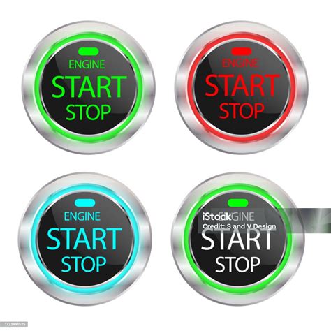 흰색 배경에 분리된 차량 점화를 위해 엔진 시동정지 버튼을 설정합니다 전원 버튼은 흰색 빨간색 파란색 녹색 표시등 벡터 3d 그림 Eps10입니다 당신을 위한 디자인 3차원