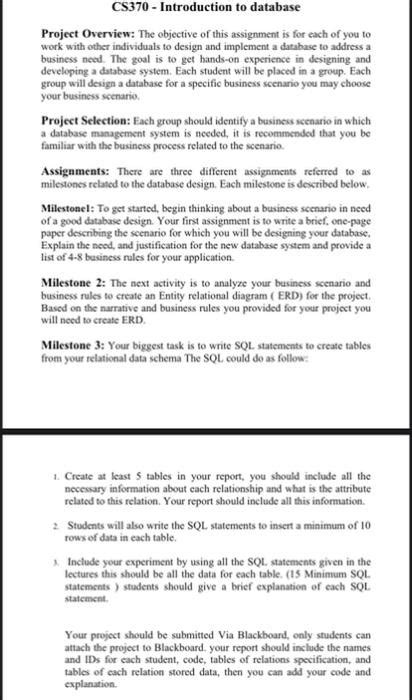 Solved Cs370 Introduction To Database Project Overview