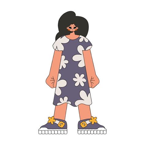 Premium Vector A Girl In A Gray Dress With A Floral Pattern