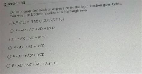 solved question 33 derive a simplified boolean expression
