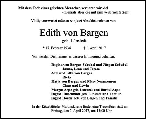Edith Von Bargen Traueranzeige Cuxhavener Nachrichten