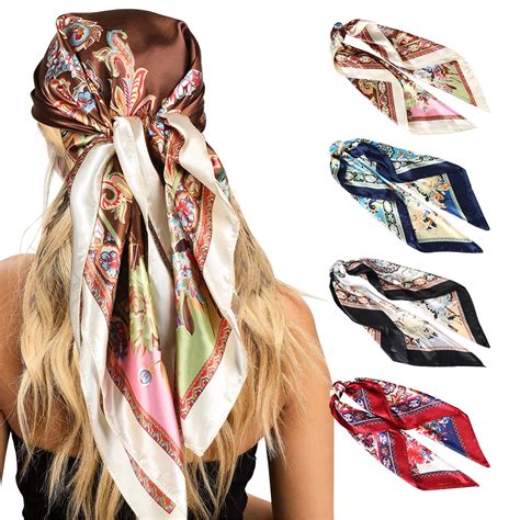 Awaytr 35” Satin Large Silk Head Scarf 4 Pcs Women Square Silk Like