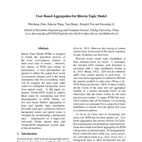 User Based Aggregation For Biterm Topic Model Acl Anthology