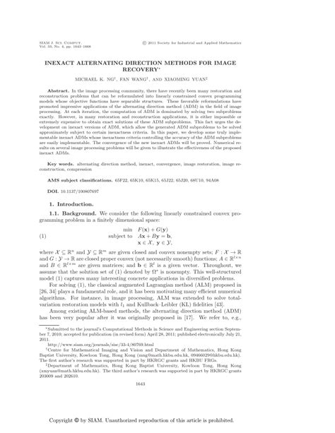Pdf Inexact Alternating Direction Methods For Image Recovery