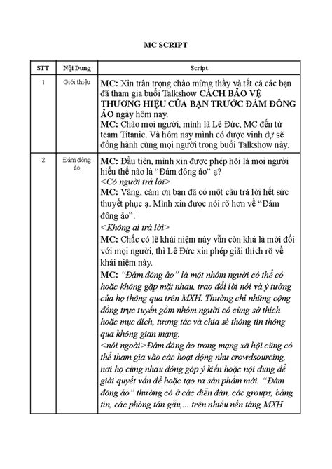 Mc Script Mc Script Stt Nội Dung Script 1 Giới Thiệu Mc Xin Trân Trọng Chào Mừng Thầy Và Tất Mc Script Mc Script Stt Nội Dung Script 1 Giới Thiệu Mc Xin Trân Trọng Chào Mừng Thầy Và Tất