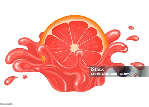 신선한 밝은 하프 컷 자몽 주스 스플래시 흰색 배경에 고립 된 버스트 여름 과일 주스 만화 스타일입니다 모든 디자인에 대한 벡터 그림입니다 0명에 대한 스톡 벡터 아트 및