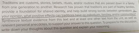 Solved Traditions Are Customs Stories Beliefs Rituals Andor Routines That Are Passed Down