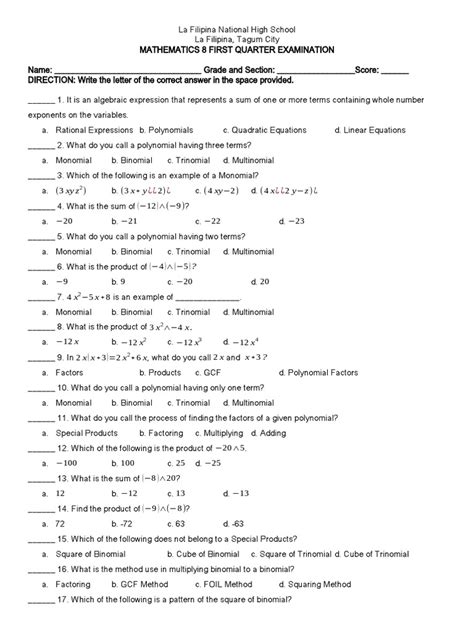 Q1 Exam Pdf Polynomial Factorization