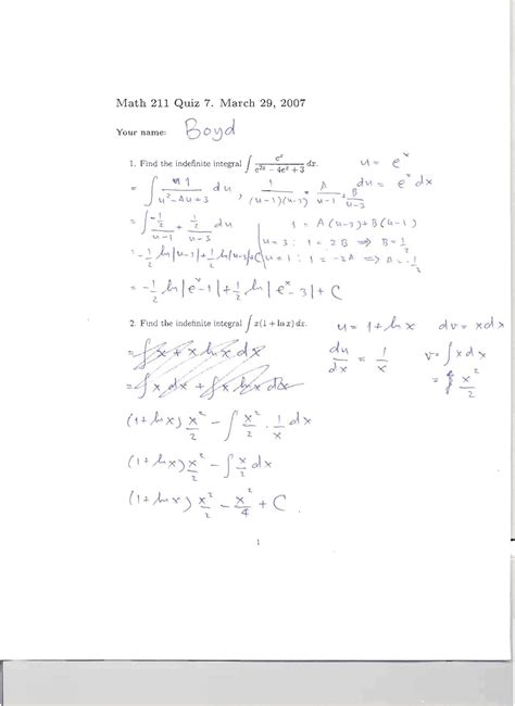 Solution Key To Quiz 7 Calculus Fall 2007 Math 211 Docsity