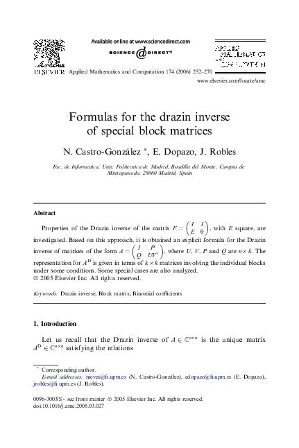 Pdf Formulas For The Drazin Inverse Of Special Block Matrices