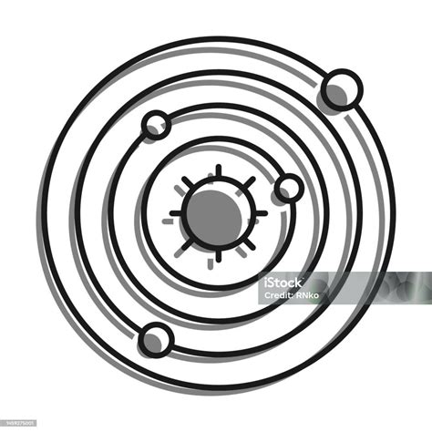 선형은 회색 아이콘으로 채워져 있습니다 태양계의 추상 모델 행성은 별 태양 주위의 공간에서 궤도를 돌고 있습니다 간단한 흑백 벡터 달 하늘에 대한 스톡 벡터 아트 및 기타