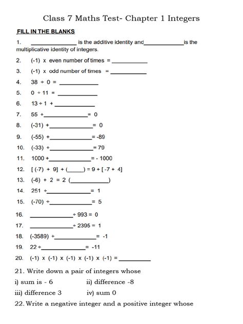 Class 7 Maths Test Integers Pdf Integer Mathematics