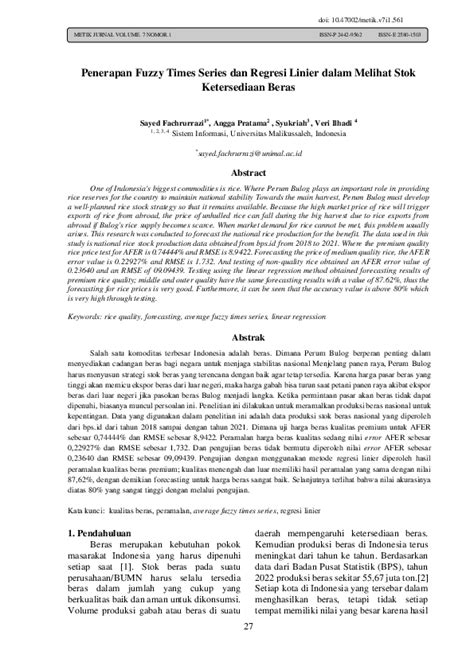Pdf Penerapan Fuzzy Times Series Dan Regresi Linier Dalam Melihat Stok Ketersediaan Beras