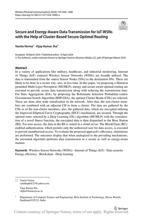 Secure And Energy Aware Data Transmission For Iot Wsns With The Help Of