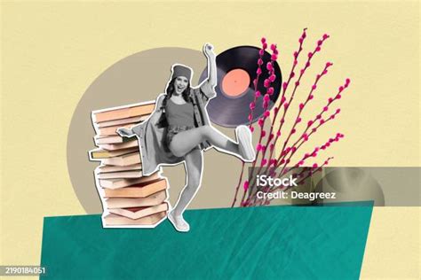 창조적 인 예술 배너 콜라주 행복 힙 스터 소녀 댄스 복고풍의 행사 이벤트 비닐 디스크 재생 목록 버드 나무 분기 냉기 책 스택 고풍스런에 대한 스톡 사진 및 기타 이미지