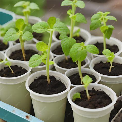 A Box Of Seedlings Of Seedlings With A Blue Container With A Small Plant Inside Premium Ai