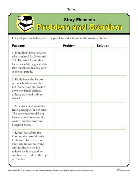 Problem And Solution Worksheet Story Elements