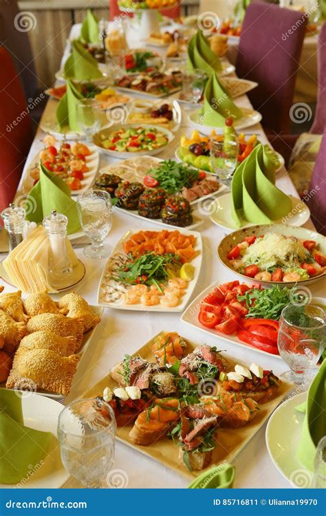 Restaurant Long Table Served With Snack Food Stock Image Image Of