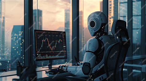 Robot Analyst Working On Stock Market Data At Desk With City View