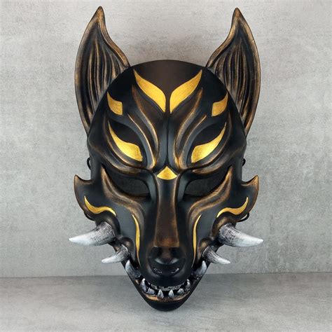 Black With Gold Okami Mask Kitsune Mask Traditional Japanese Mask Youkai Mask Wolf Mask Etsy