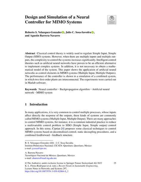 Pdf Design And Simulation Of A Neural Controller For Mimo Systems