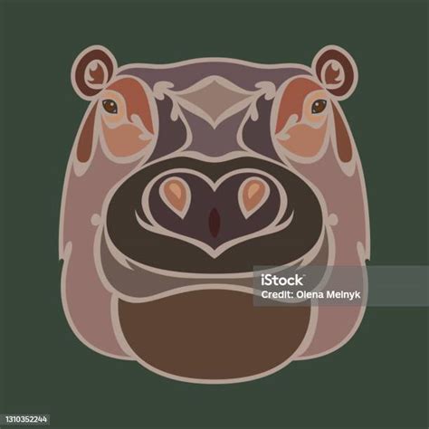 문신 로고 벽 장식 티셔츠 프린트 디자인 또는 아웃웨어를 위한 하마의 수작업으로 그린 추상적인 초상화 녹색 배경에 다채로운 벡터 양식에 일치시키는 그림 갈색에 대한 스톡