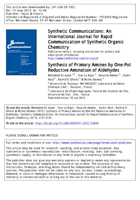 Pdf Cheminform Abstract Synthesis Of Primary Amines By One Pot
