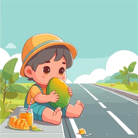 Niño Lindo Comiendo Mango Fruta Ai Generada Imagen Vector Premium