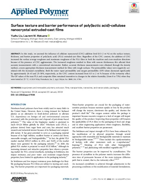 Pdf Surface Texture And Barrier Performance Of Polylactic Acid Cellulose Nanocrystal