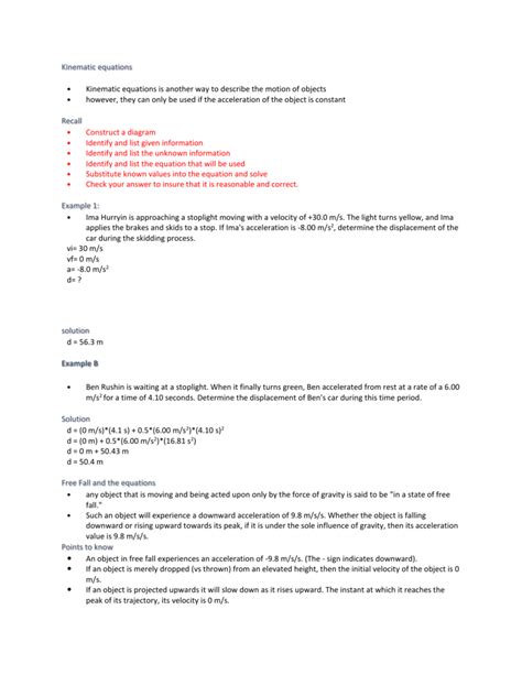 Lesson Kinematic Equations Notes
