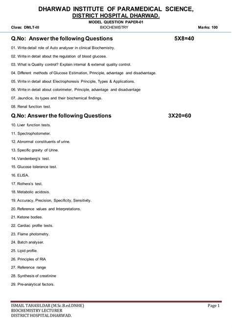 Dmlt Biochemistry Model Question Papers Karnataka 2019 2020 Docx