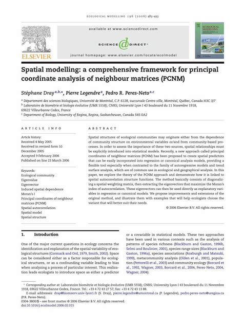 Pdf Spatial Modelling A Comprehensive Framework For Principal Coordinate Analysis Of Neigbour