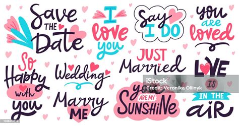 로맨틱 한 문자 결혼식 발렌타인 데이 로맨틱 한 문구 손으로 쓴 사랑 서예 따옴표 고립 된 벡터 일러스트 아이콘 세트 개체 그룹에 대한 스톡 벡터 아트 및 기타 이미지