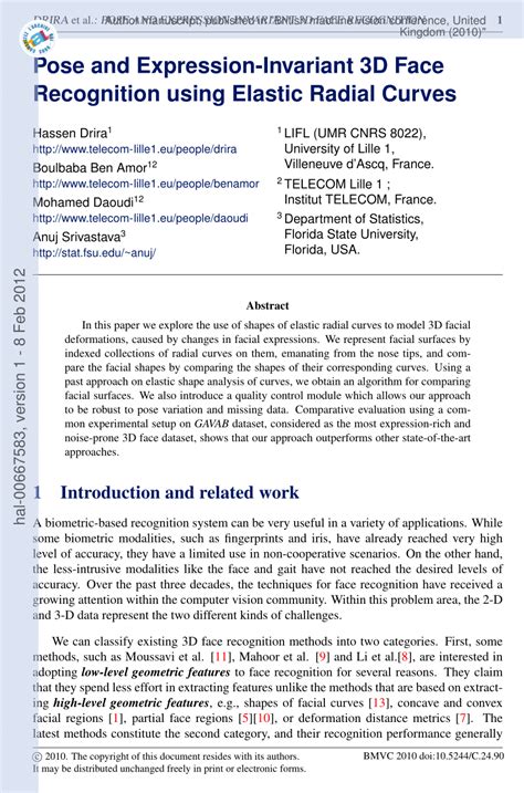 Pdf Pose And Expression Invariant 3d Face Recognition Using Elastic Radial Curves