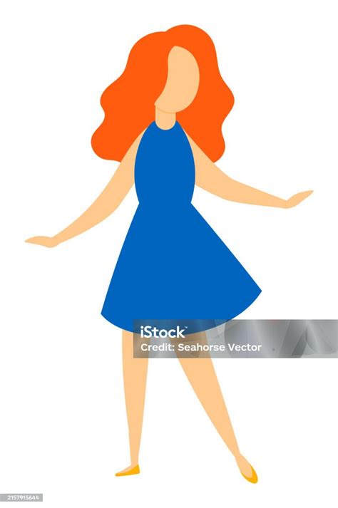 춤을 추는 젊은 여자 흐르는 빨간 머리 빙글빙글 도는 파란 드레스 춤 동작을 수행하는 여자 오렌지 가리키기에 대한 스톡 벡터