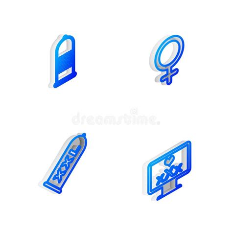 Set Isometric Line Female Gender Symbol Condom Safe Sex And Monitor With 18 Plus Content Icon