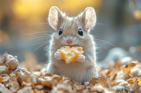 Adorable Mouse Enjoying A Piece Of Cheese Amidst Fallen Autumn Leaves
