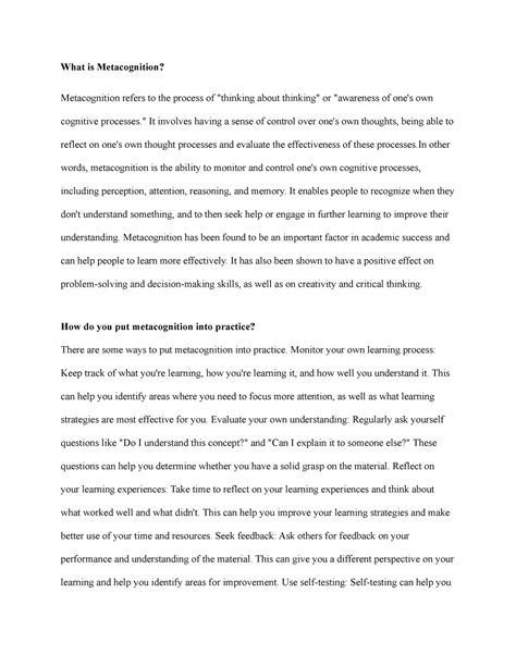 Cognitive Psychology Metacognition What Is Metacognition Metacognition Refers To The Process