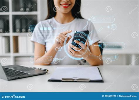 Woman Using Chatbot In Computer And Tablet Smart Intelligence Ai Chat With Ai Artificial