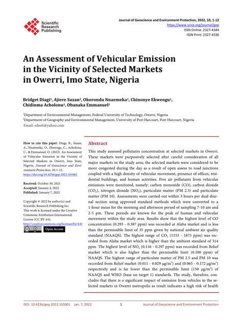 Pdf An Assessment Of Vehicular Emission In The Vicinity Of Selected Markets In Owerri Imo