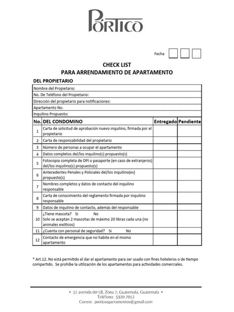 Check List Portico Para Arrendamiento De Apartamento 2023 04 Pdf