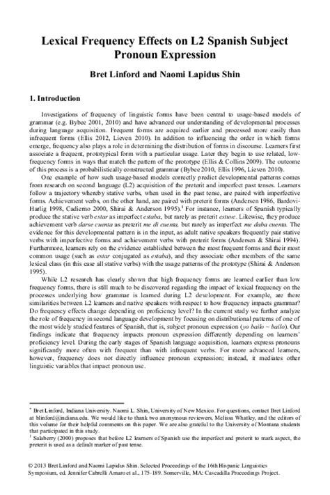 Pdf Lexical Frequency Effects On L2 Spanish Subject Pronoun Expression