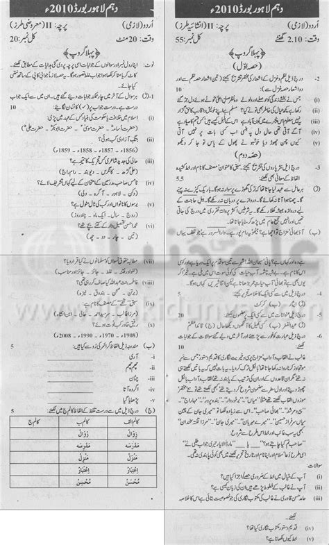 10th Class Urdu Group 1 Objective And Subjective Lahore Board 2010