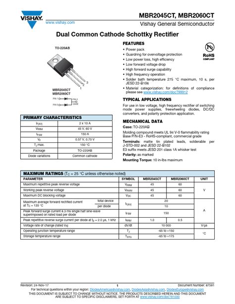 Mbr2045ct Datasheet Dual Common Cathode Schottky Rectifier Vishay