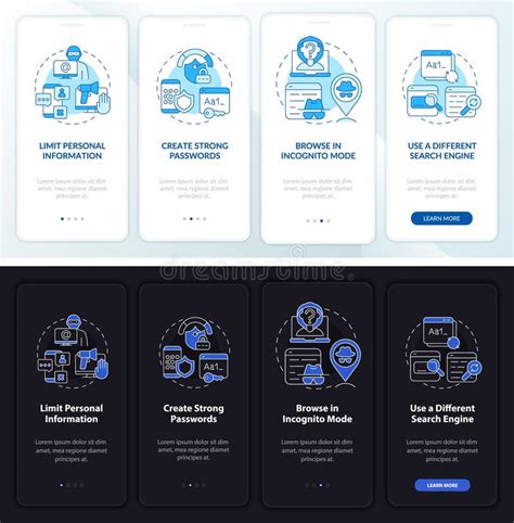 Cyber Safety Tips Onboarding Mobile App Page Screen Stock Vector