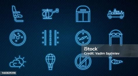 세트 라인 콘 기상학 윈드 삭 바람개비 고글이 달린 비행사 모자 항공기 격납고 공항 활주로 레이더 표적 모니터 비행기 좌석 나침반 및 헬리콥터 아이콘 벡터 공항에 대한 스톡