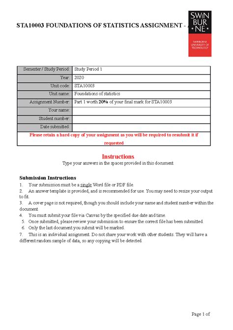 Statistics Assignment 1 Page 1 Of Sta10003 Foundations Of Statistics